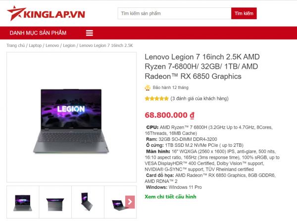 Lenovo Legion 7 16ARH7H, Ryzen 9 – 6900HX, 32G, 2TB, RX 6850M, 16in, 2K | laptop cũ giá rẻ